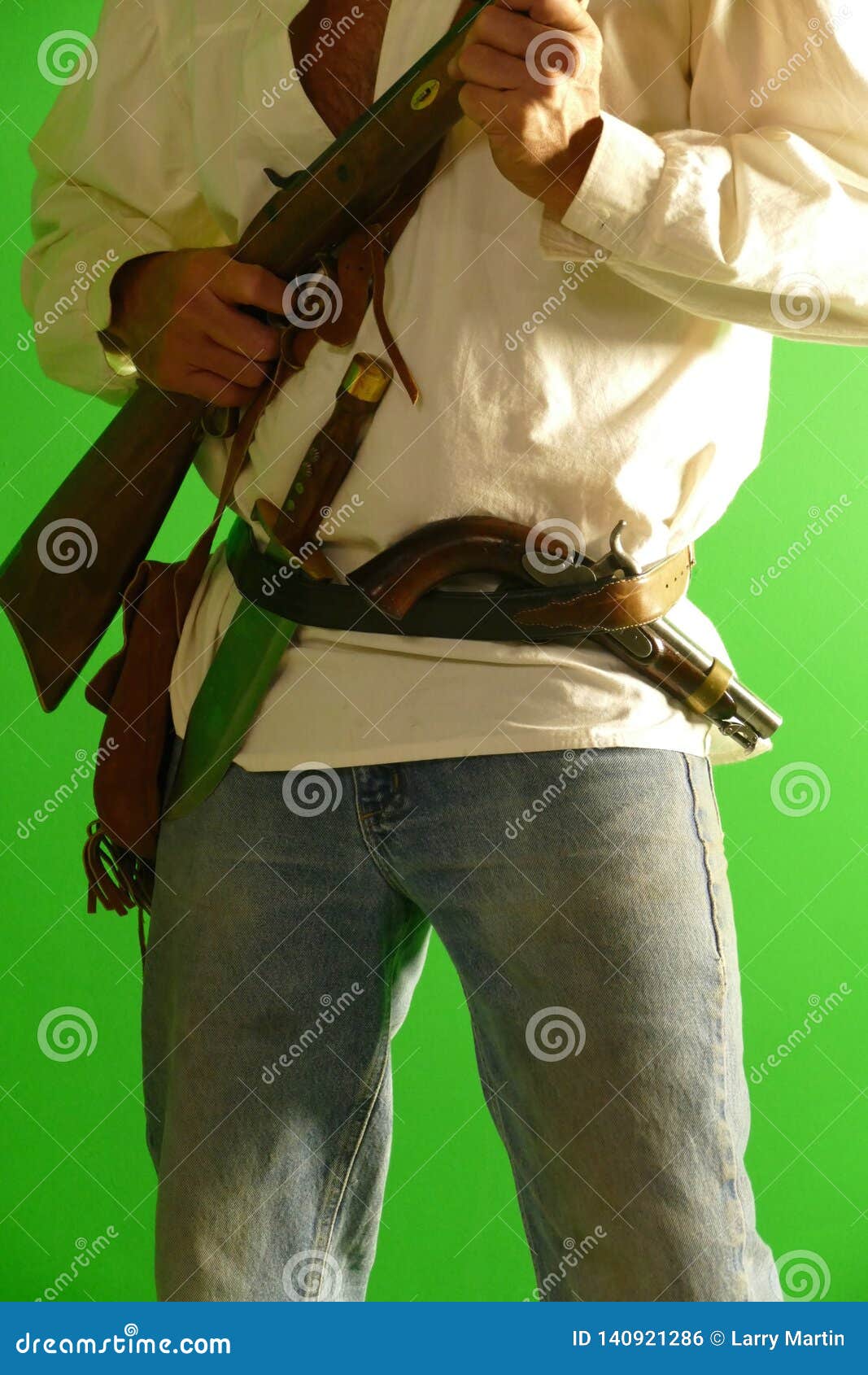 Mountain Man Muzzle Loader, Tomahawk, Knife, Possibles Stock Photo ...