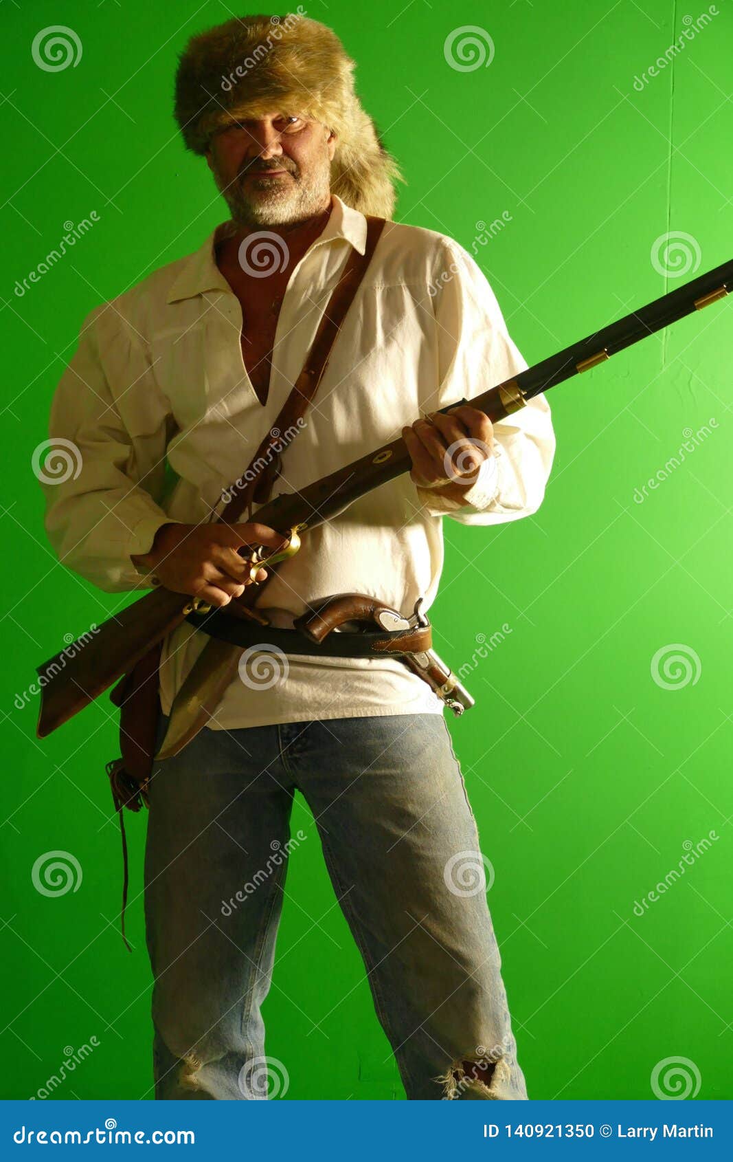 Mountain Man Muzzle Loader, Tomahawk, Knife, Possibles Stock Photo ...