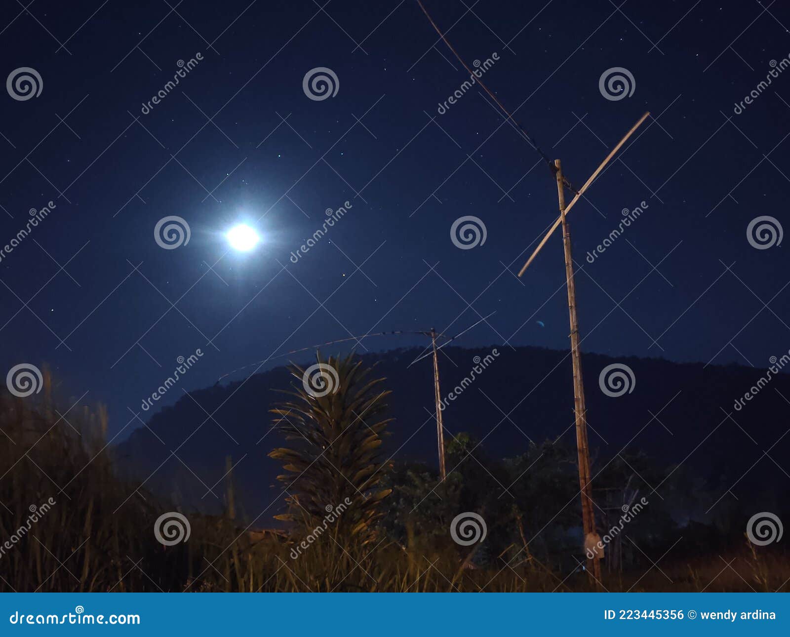 Mountain Moon Windmill Grass Football Field Stock Photo - Image of moon ...