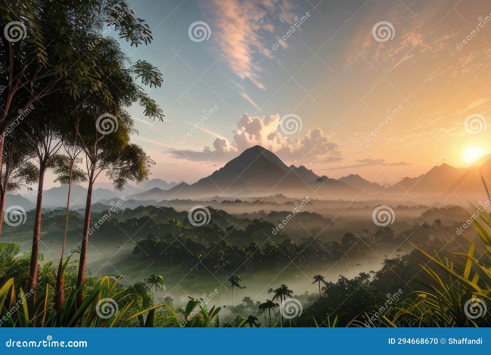 Sunrise In Jungle Rainforest View Through Tropical Palm Tree Plants And ...