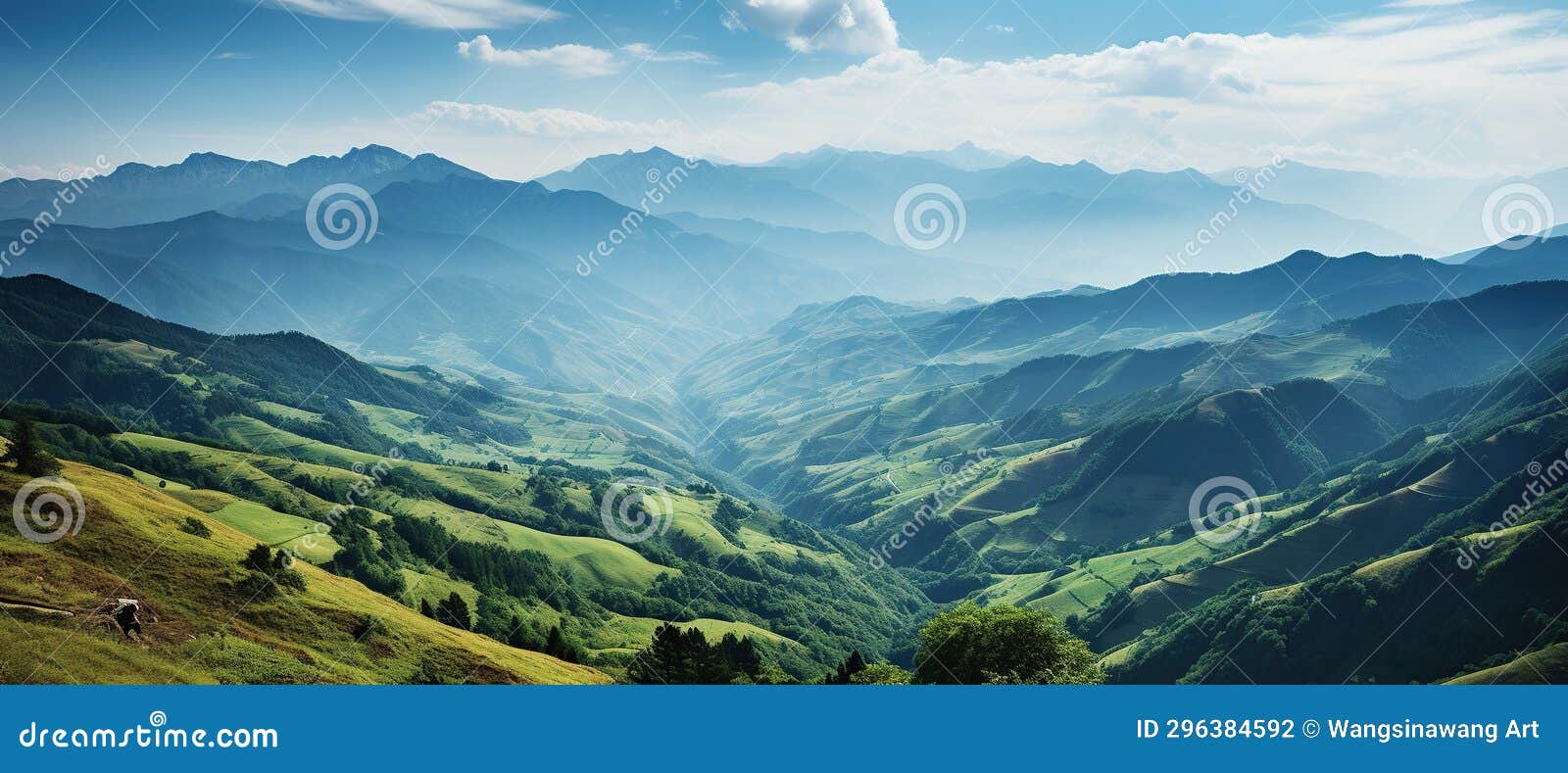 Mountain Panoramic Landscape with Green Hills and Blue Sky Stock Illustration - Illustration of ...