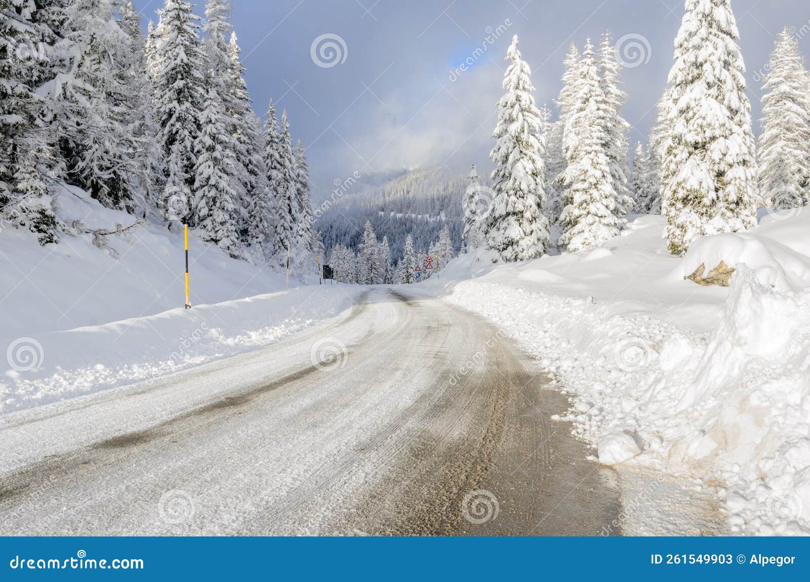 Mountain Pass Road through a Snowy Forest in Winter Stock Image - Image ...