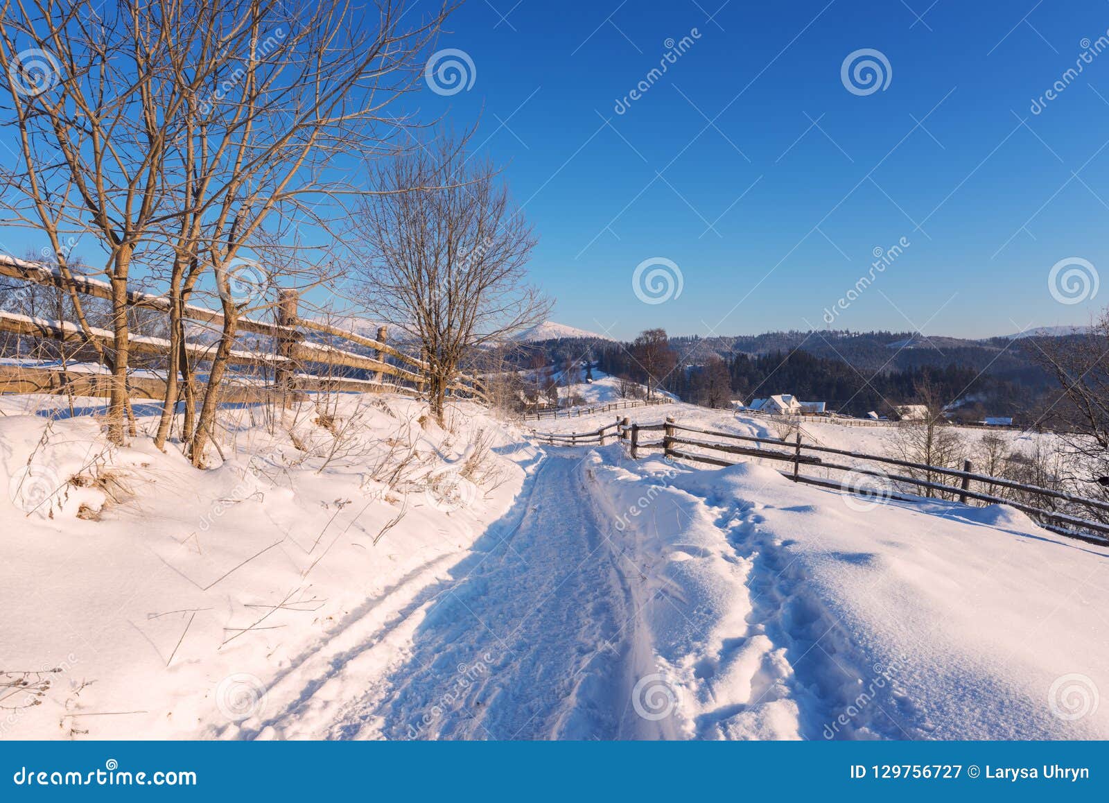 Mountain Path in the Snow, Beautiful Winter Landscape with Blue Sky ...