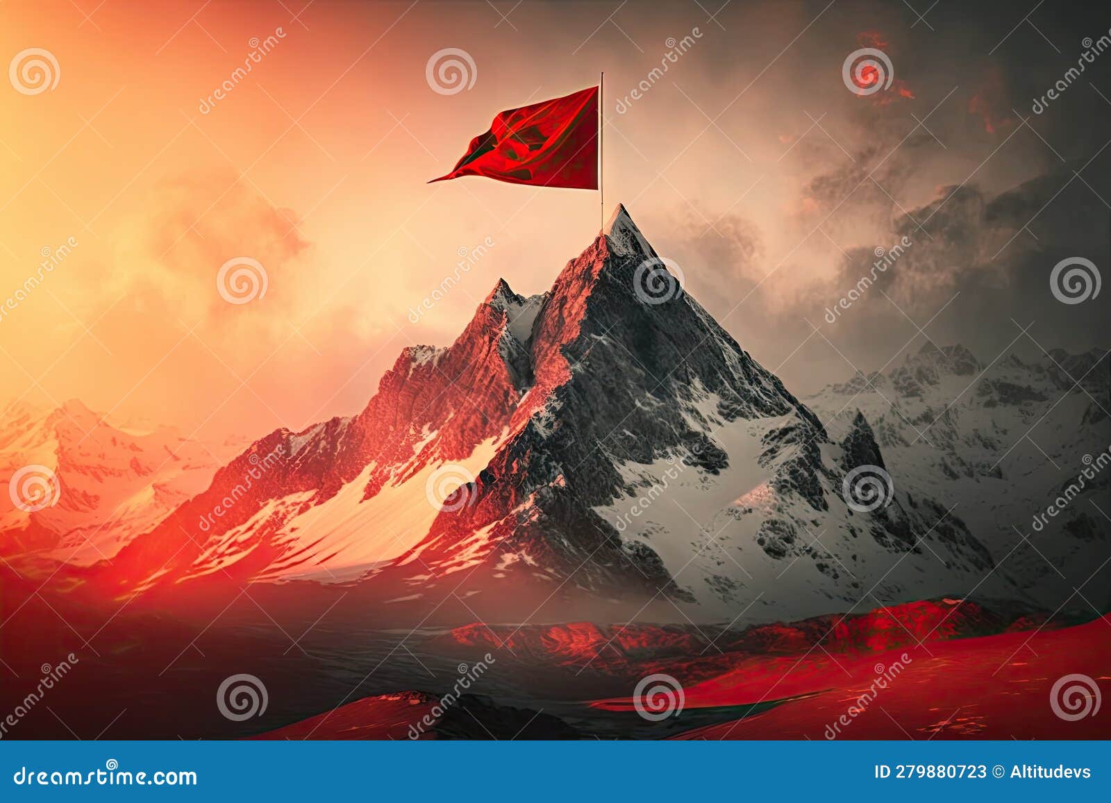 Mountain Peak with Red Flag and View of the Sunset in the Background ...