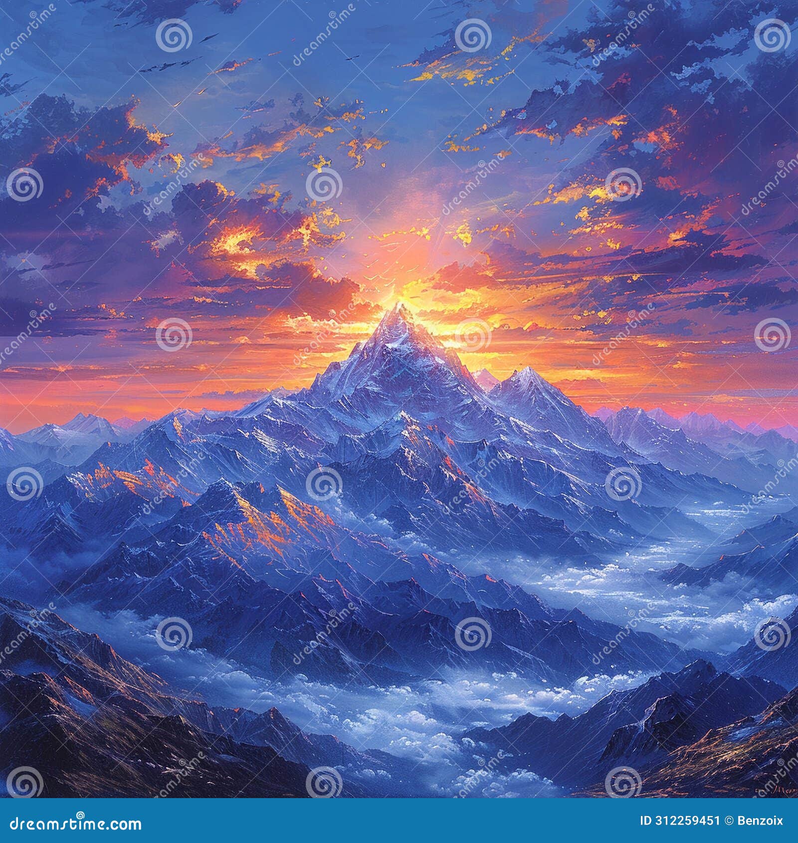 Mountain Peak Sunset Painted with an Emphasis on Dramatic Lighting and ...