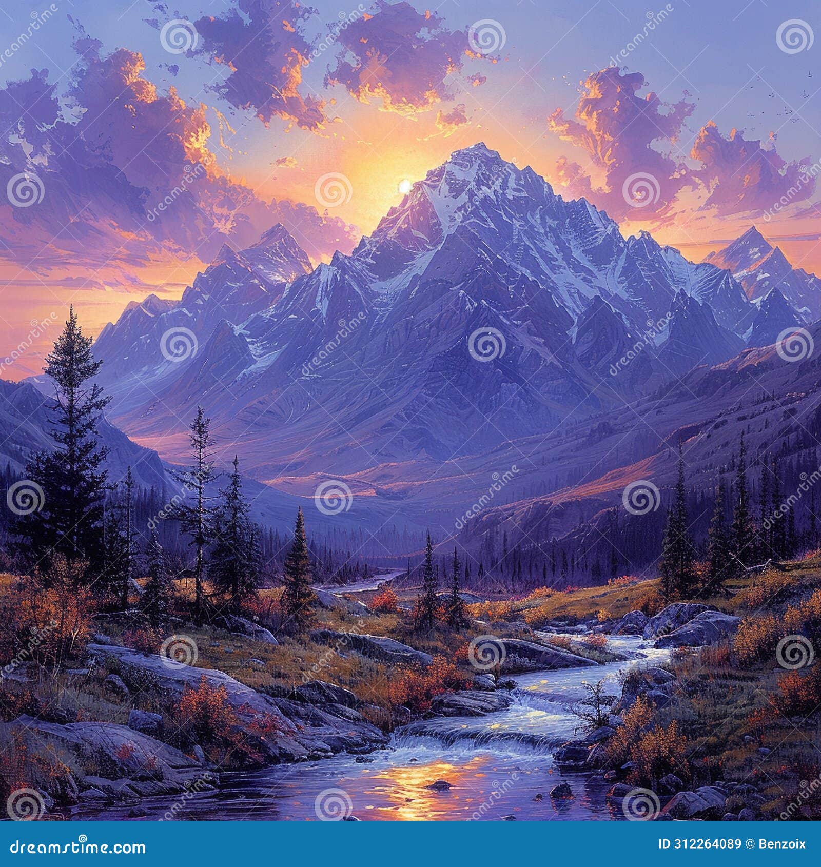 Mountain Peak Sunset Painted with an Emphasis on Dramatic Lighting and ...