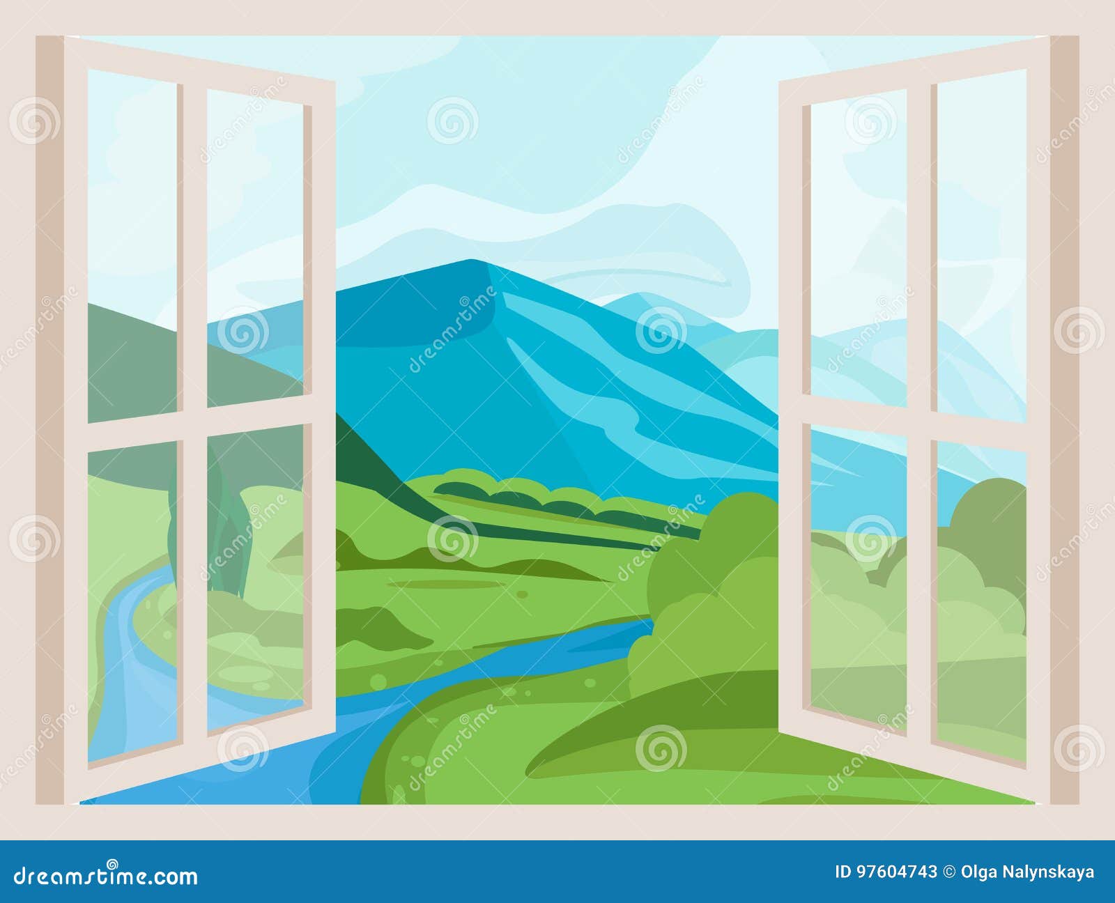 Mountain Peaks and River. Open Window with a Landscape View Stock ...