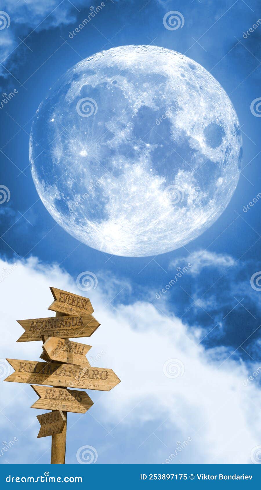 Mountain Pointer Against the Background of the Sky, Clouds and the Moon ...