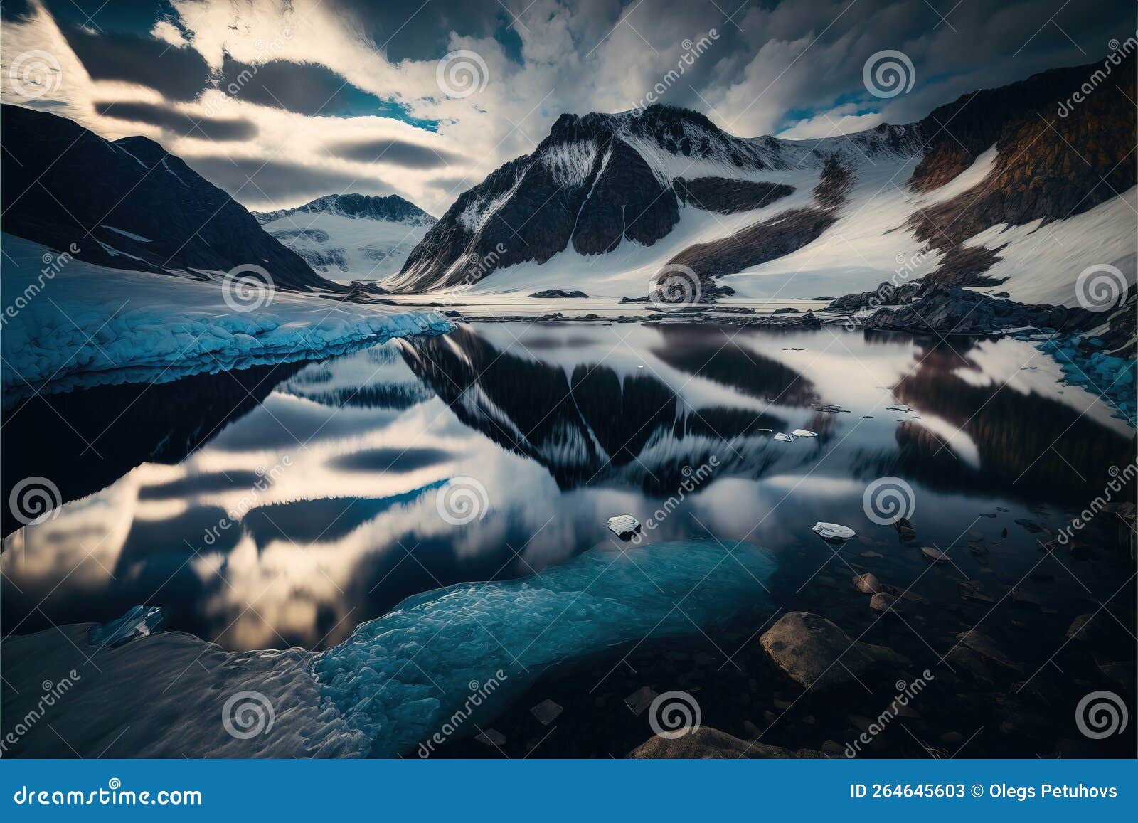 A Mountain Range with a Lake Surrounded by Ice and Snow in the ...