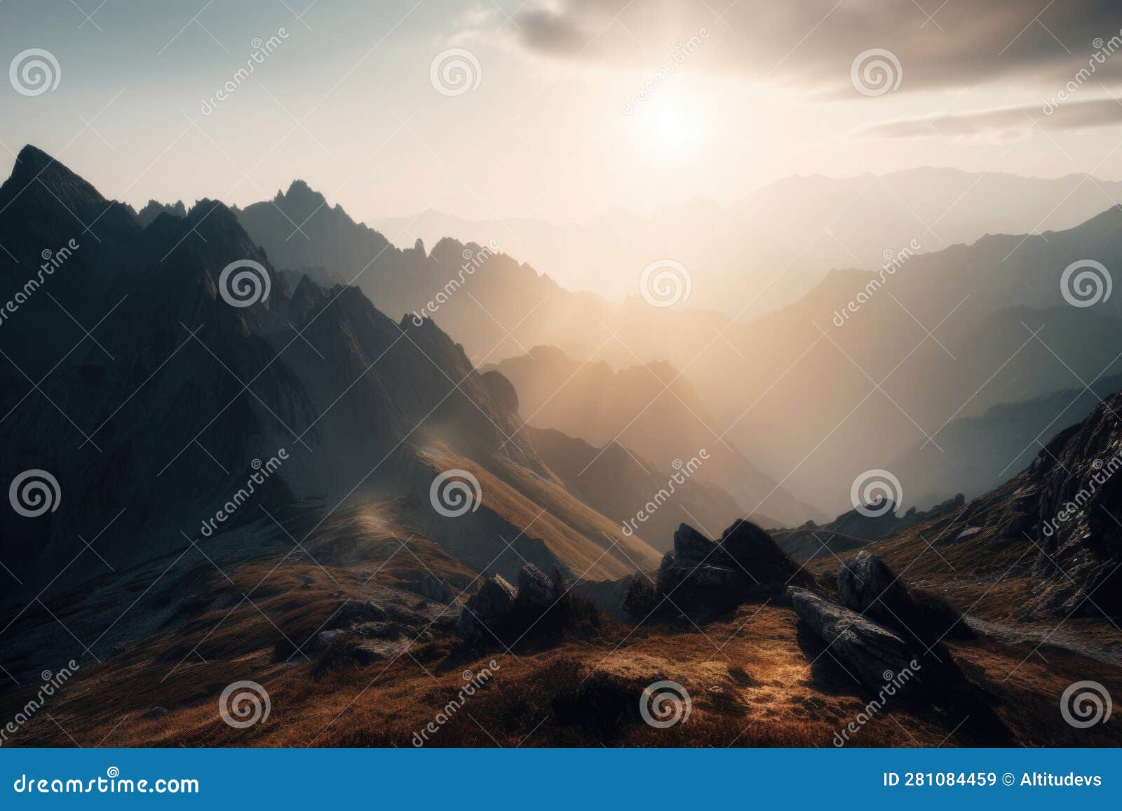 Mountain Range Shrouded in Mist, with the Sun Shining through Stock ...