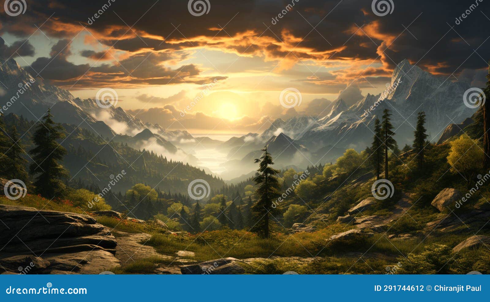 Mountain Range and Sun Light Rays Piercing through the Trees Stock ...