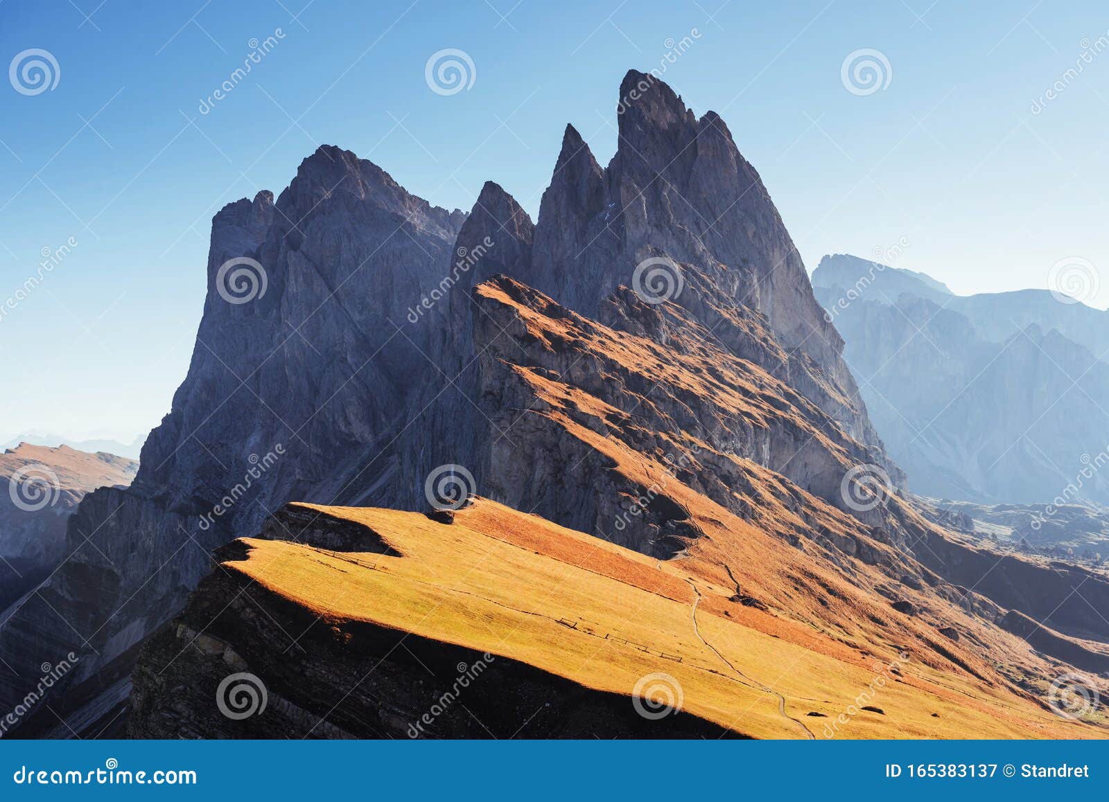 The Ridge Of Seceda Mountain Peak, Dolomites, Italy Stock Photo ...