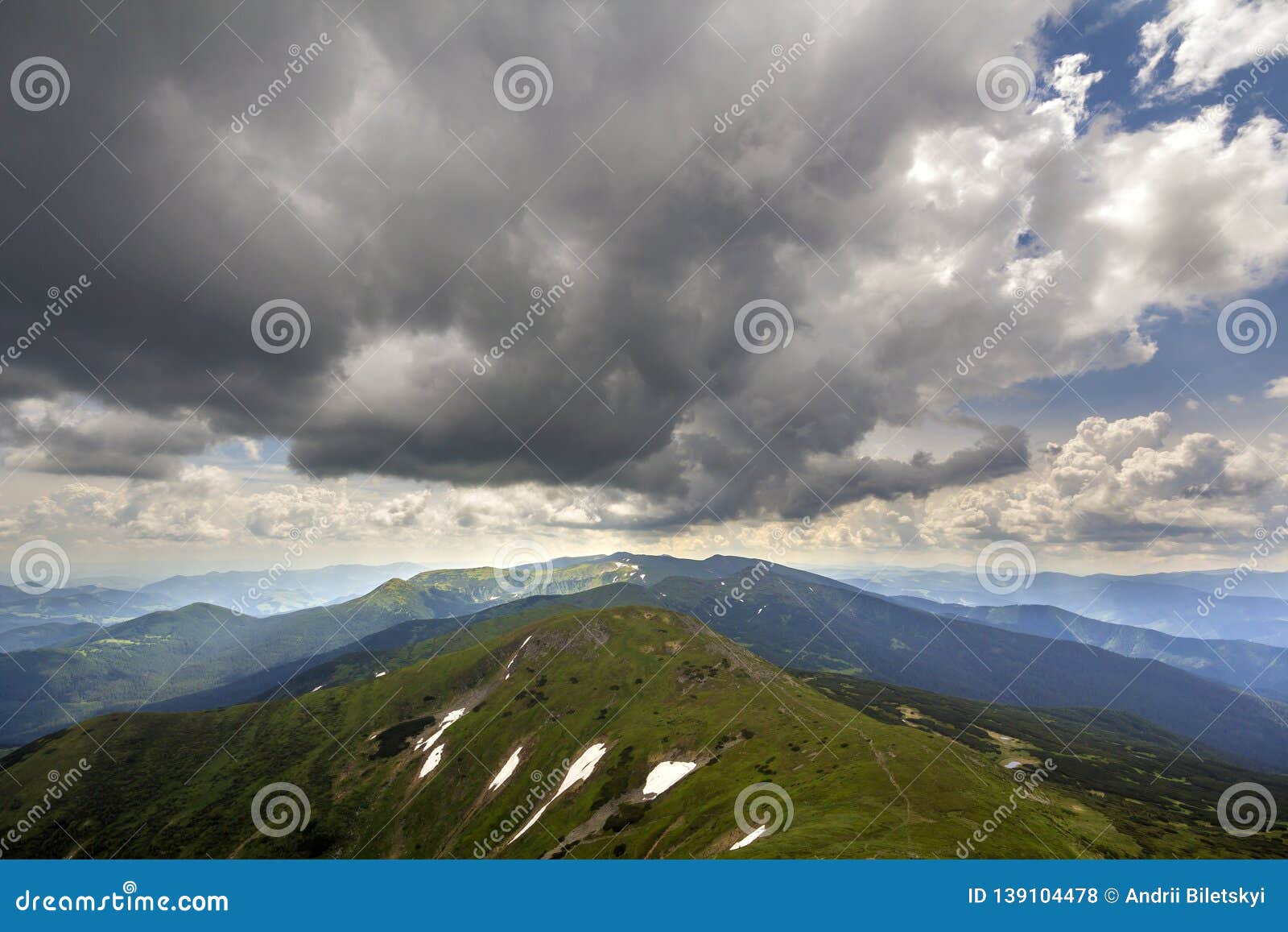 Mountain Ridge Landscape Under Dramatic Cloudy Sky, Summer or Spring ...