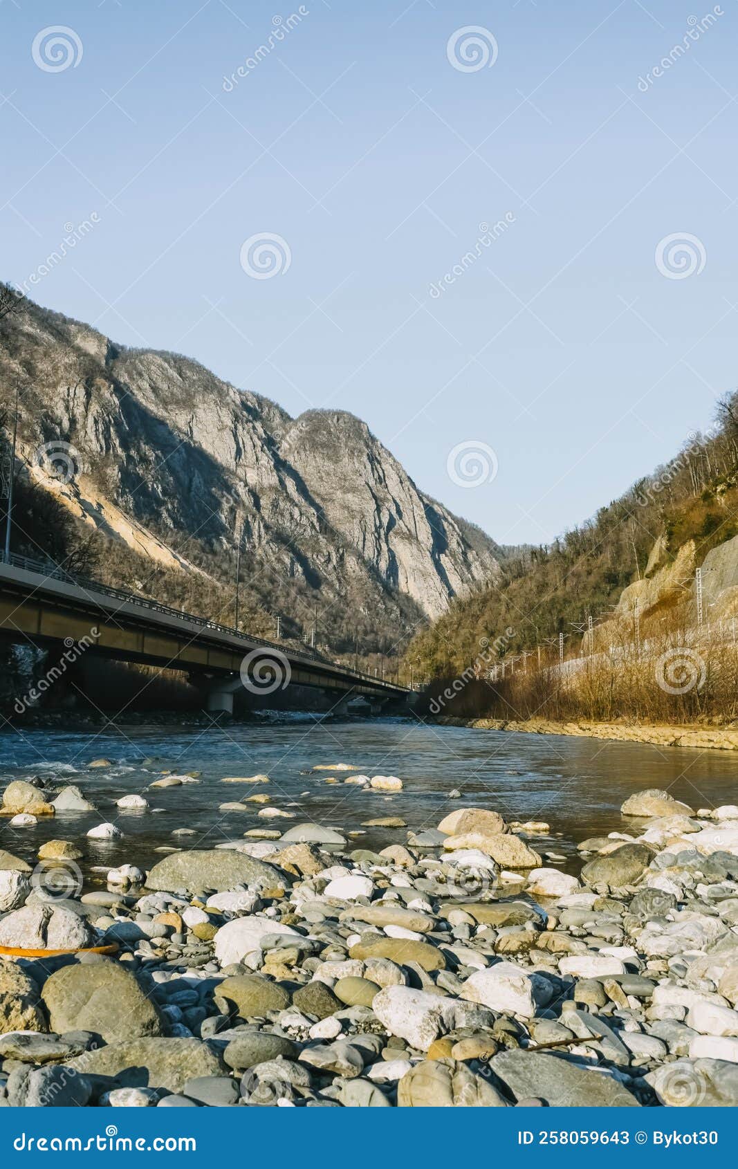 Landscape with Mountain River, Bridge and Mountains. Stock Image ...