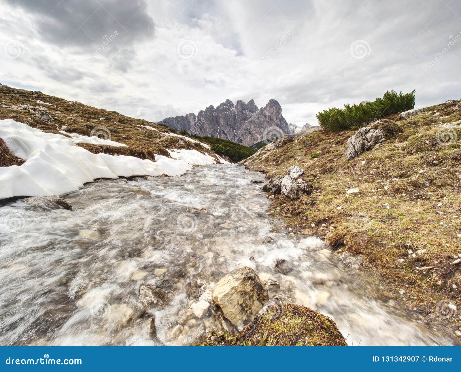 The Mountain River Against the Sharp Mountains in Dolomites. Stock ...