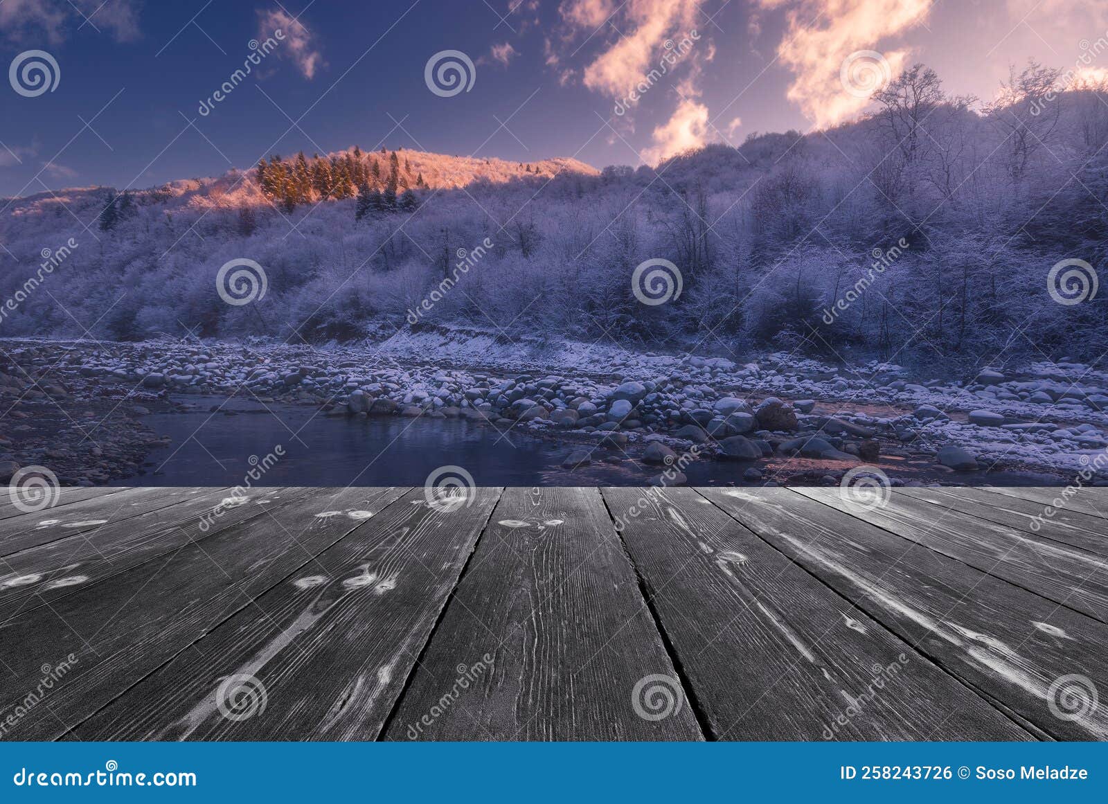 Mountain River Flowing with Empty Wooden Batten Bridge. Natural ...