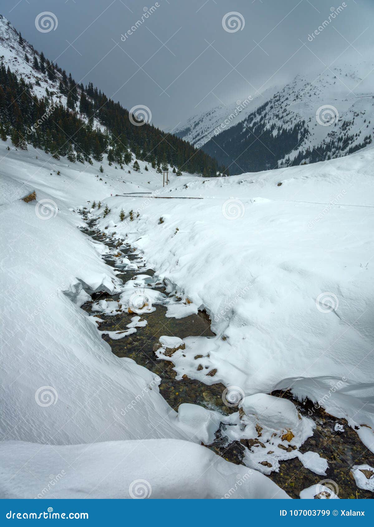 Mountain river and snow stock image. Image of stream - 107003799