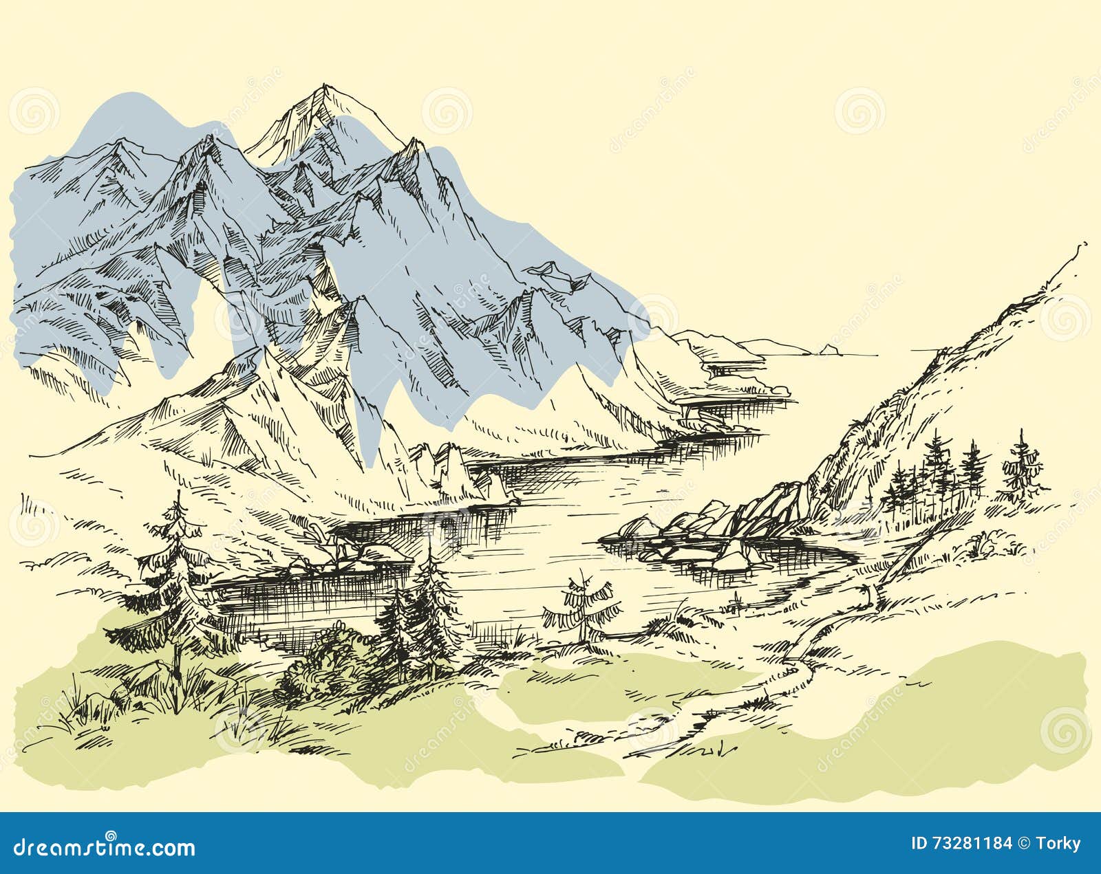 Mountain river stock vector. Illustration of drawing - 73281184