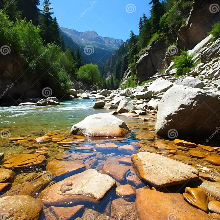 Mountain River in the Middle of Green Forest. Mountain River. Tranquil ...