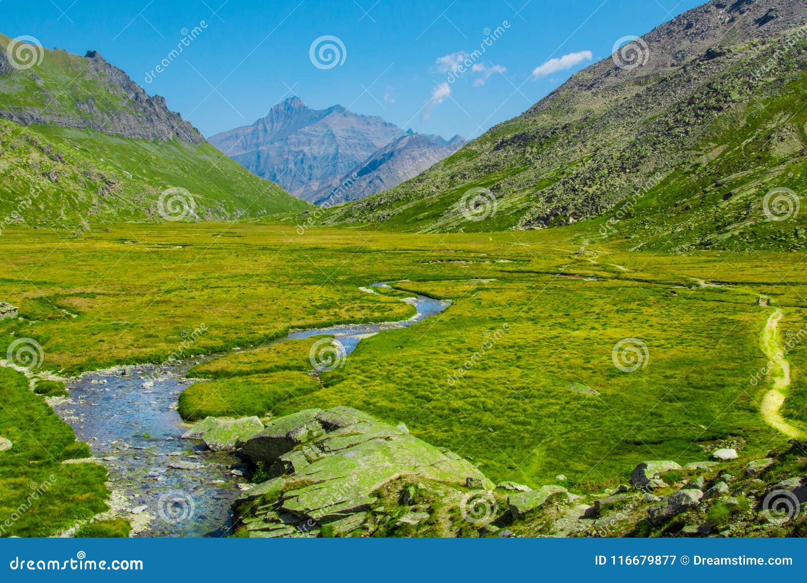 Mountain River Path Green Fields Stock Image - Image of adventure, gran ...