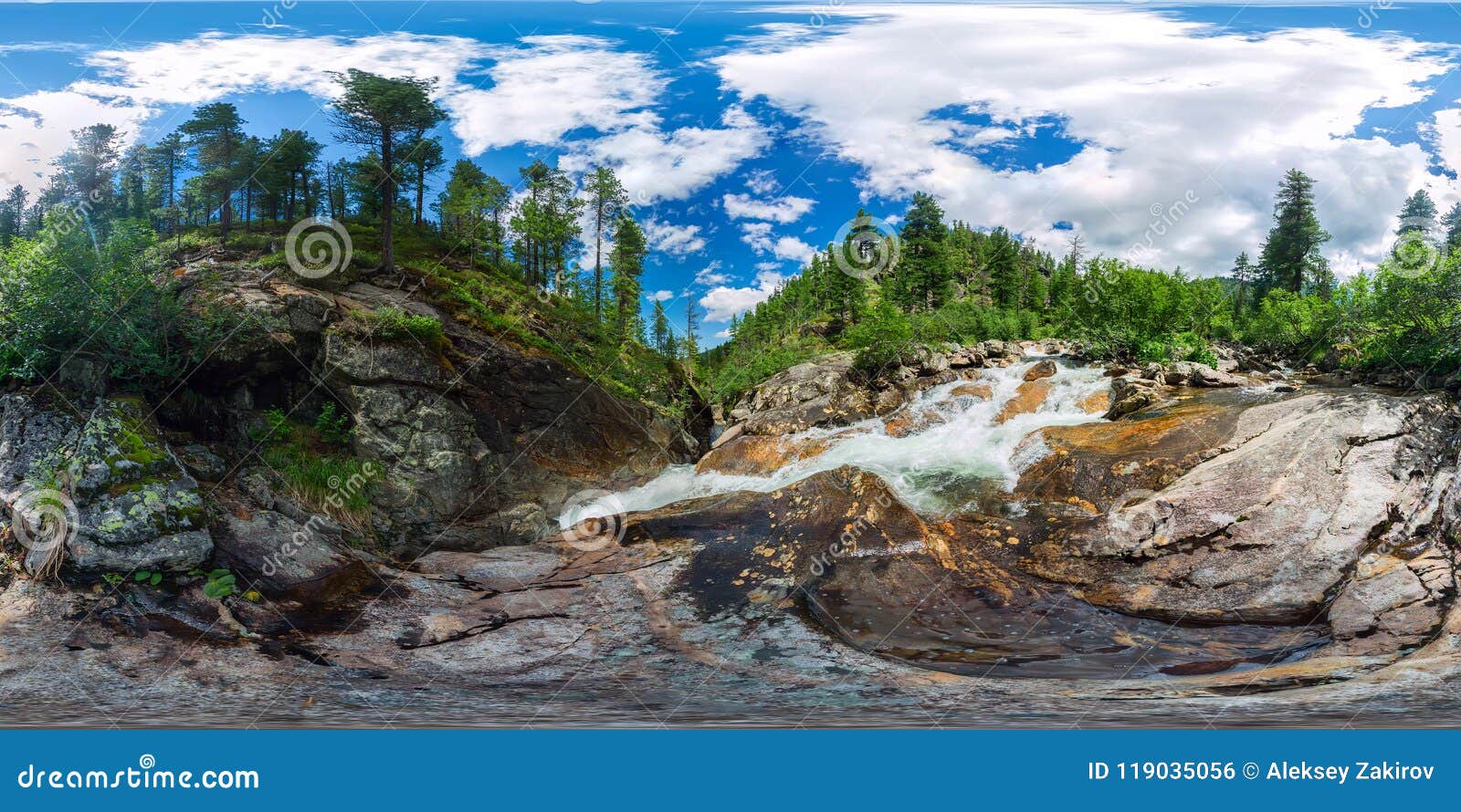 Mountain River with Rapids in the Taiga Forest. Spherical Panorama ...