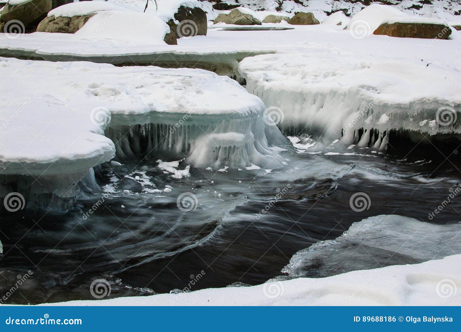 The Mountain River is Running Swiftly Under a Thick Crust of Ice. Stock ...