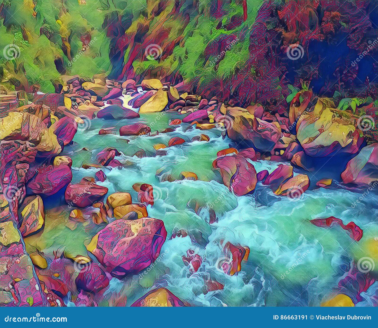 Mountain River in Stone Riverbed. Digital Illustration of Wild Forest ...