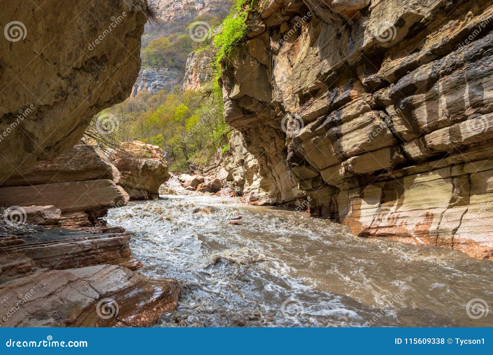Mountain River Along the Cliffs Stock Photo - Image of building ...