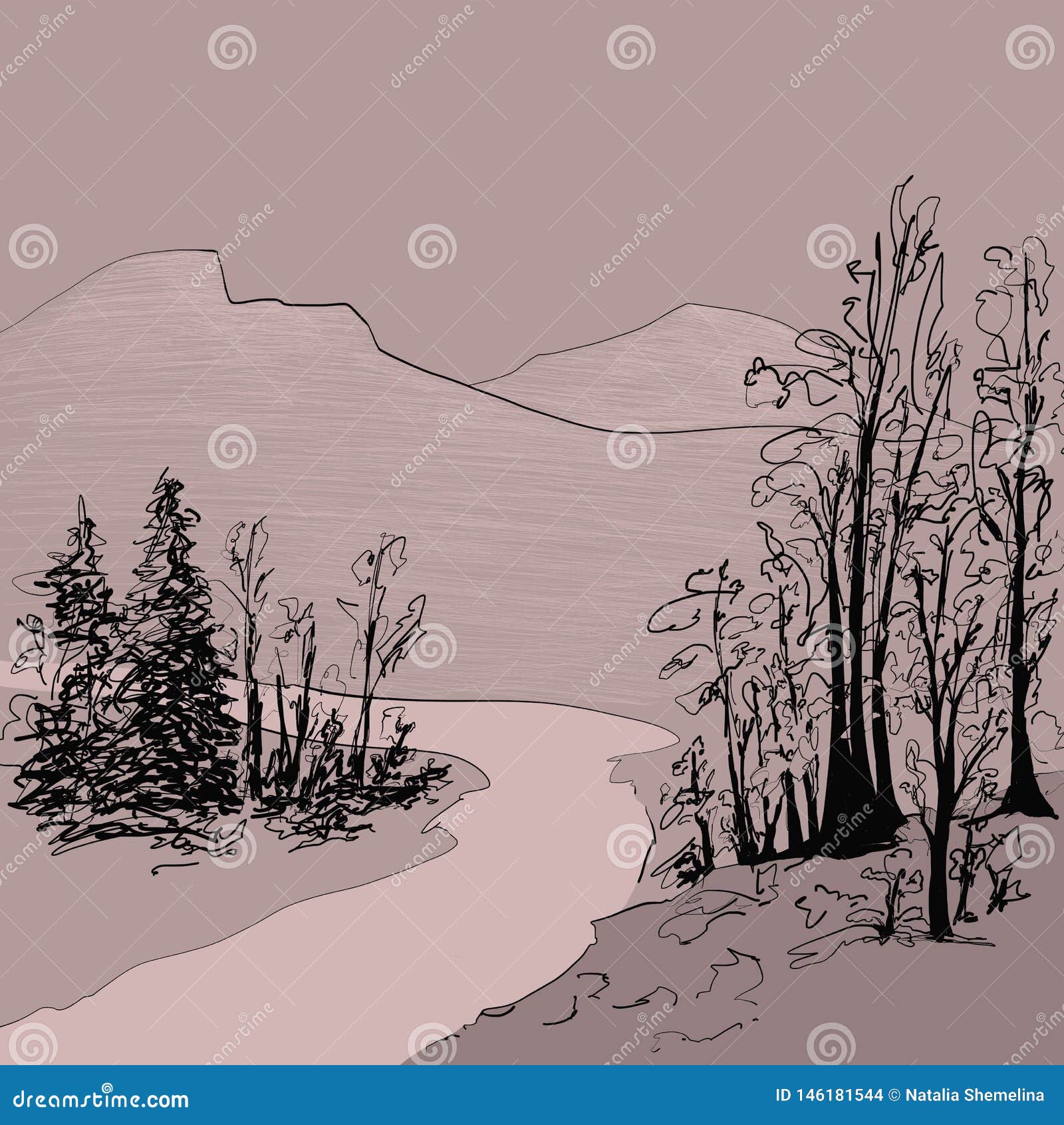 Mountain River among the Trees, Illustration, Scetch Stock Illustration ...