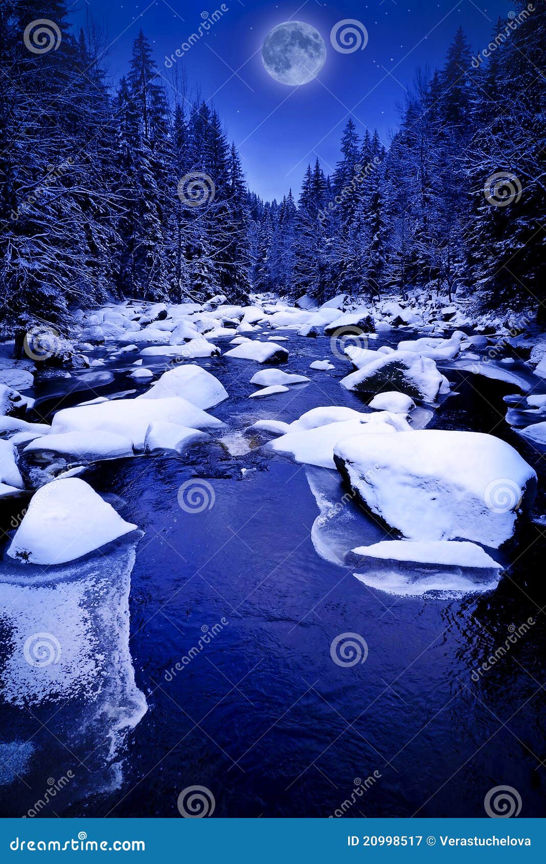 Mountain River at Winter Night Stock Image - Image of panorama, shine ...