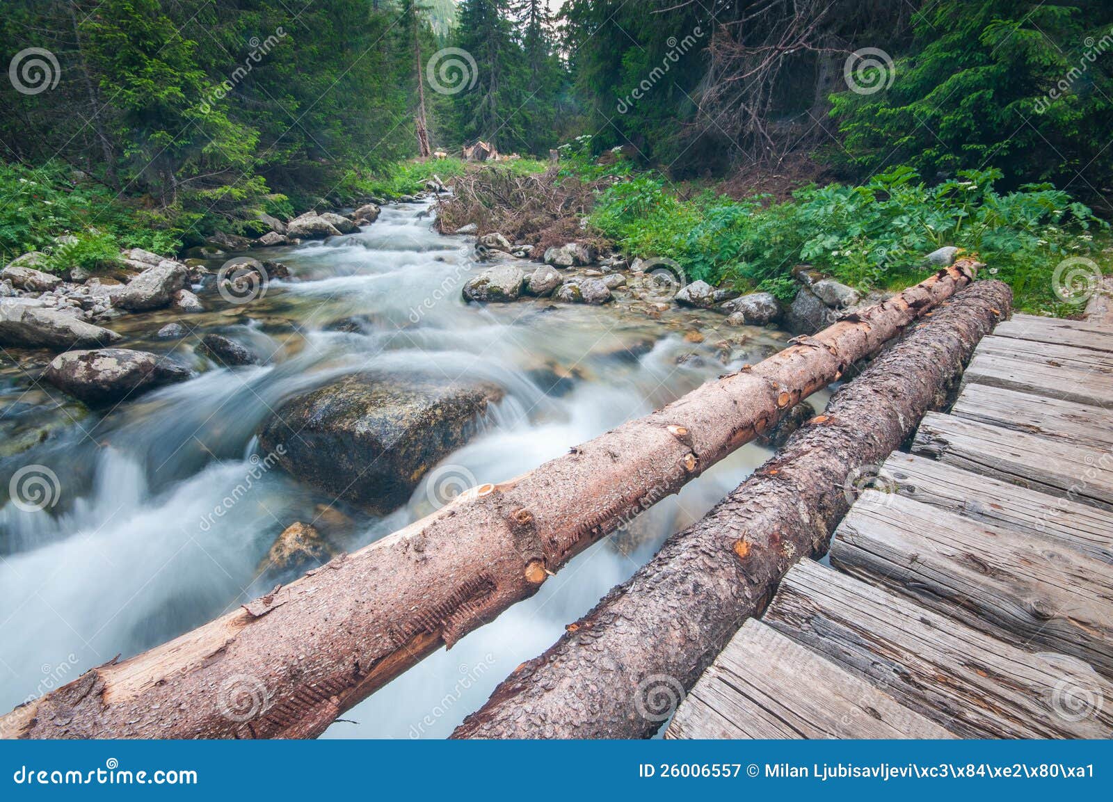 Mountain River and Wooden Bridge Stock Image - Image of wood, clean ...