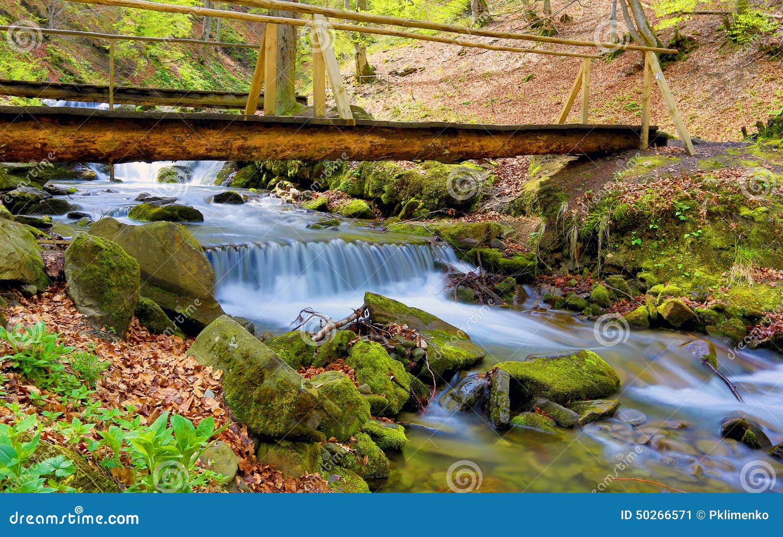 Mountain River and Wooden Bridge Stock Image - Image of maple, bridge ...