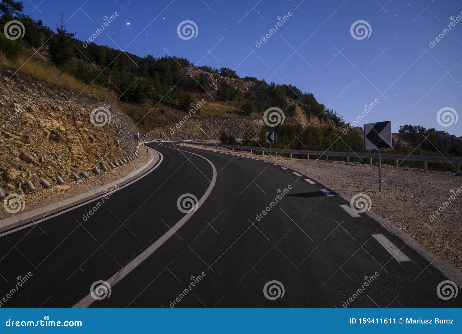 Mountain Road at Night Illuminated by the Light of the Full Moon Stock ...