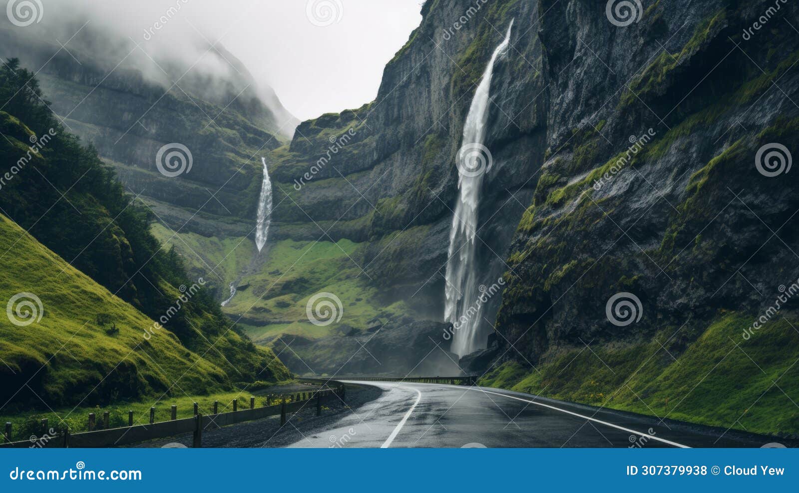 A Mountain Road with Towering Cliffs and Waterfalls Stock Illustration ...