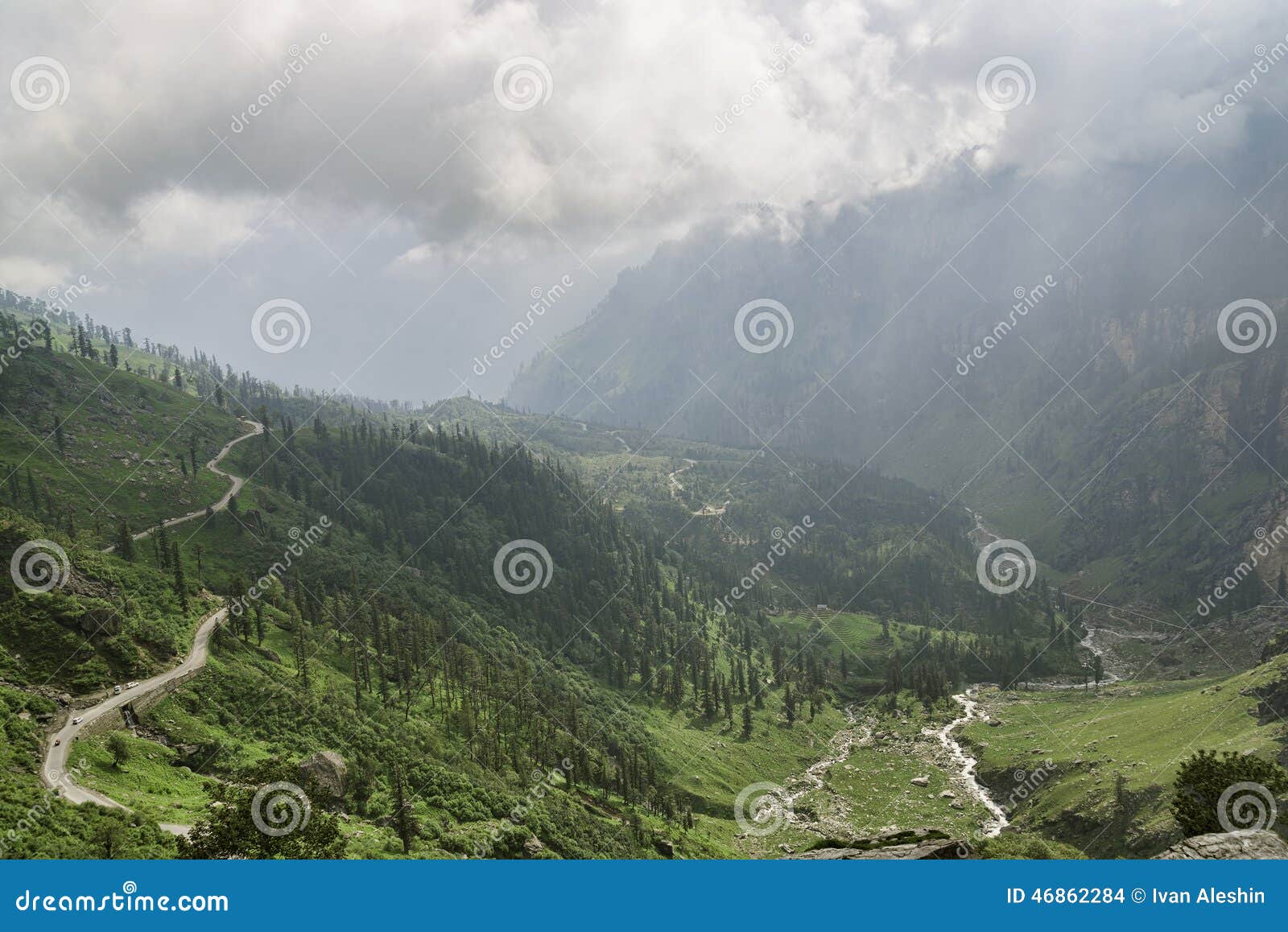 Mountain Road among Valley and River Stock Photo - Image of hill ...