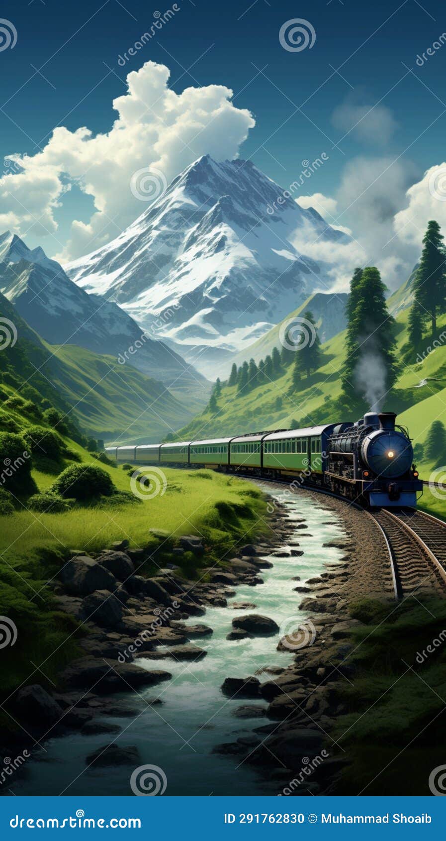 Mountain Scaped Horizon Frames Train with Verdant Front, a Tranquil ...