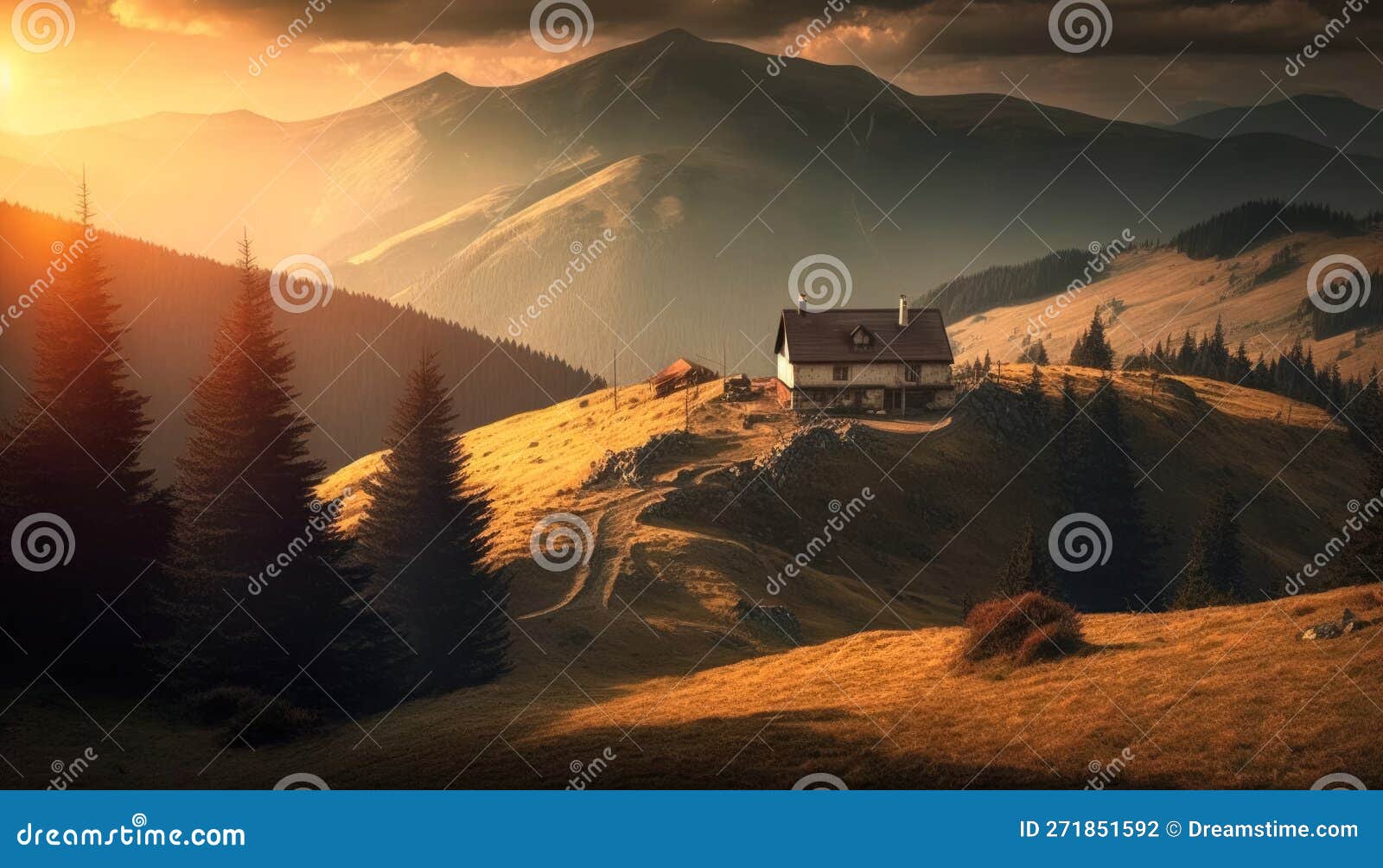 Mountain Scenery in the Setting Sun. Generative AI Stock Illustration ...