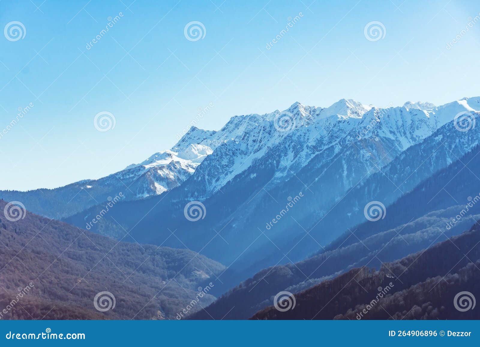 Mountain Snowy Landscape Forest, Mountain Range Pass Blue Sky. the ...