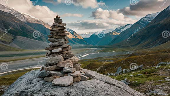 A Mountain with a Stack of Rocks on Top, AI Stock Photo - Image of ...