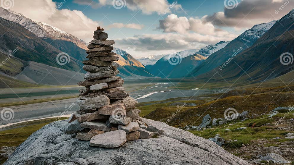 A Mountain with a Stack of Rocks on Top, AI Stock Photo - Image of ...