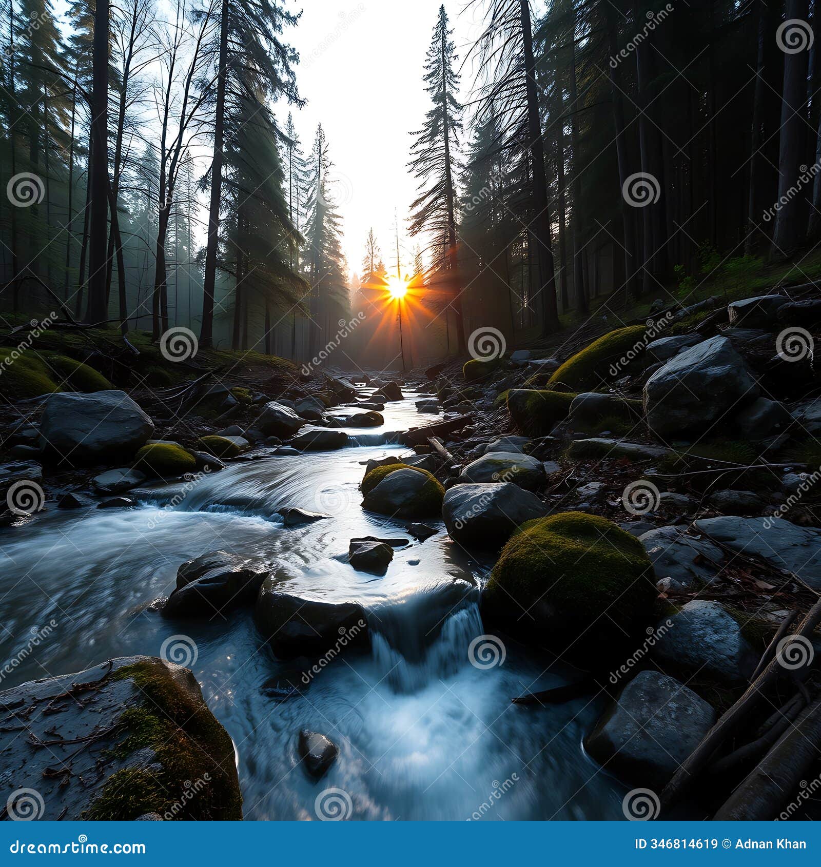 Mountain Stream at Dawn stock illustration. Illustration of wilderness ...