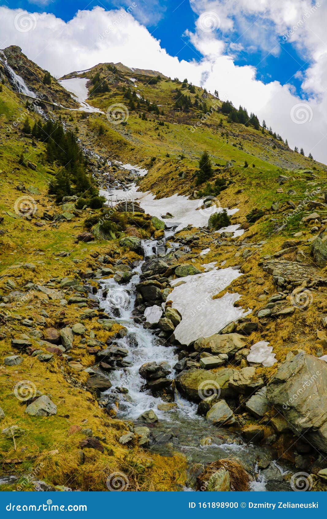 Mountain Stream Flows Along the Mountainside, Snow. Nature Background ...