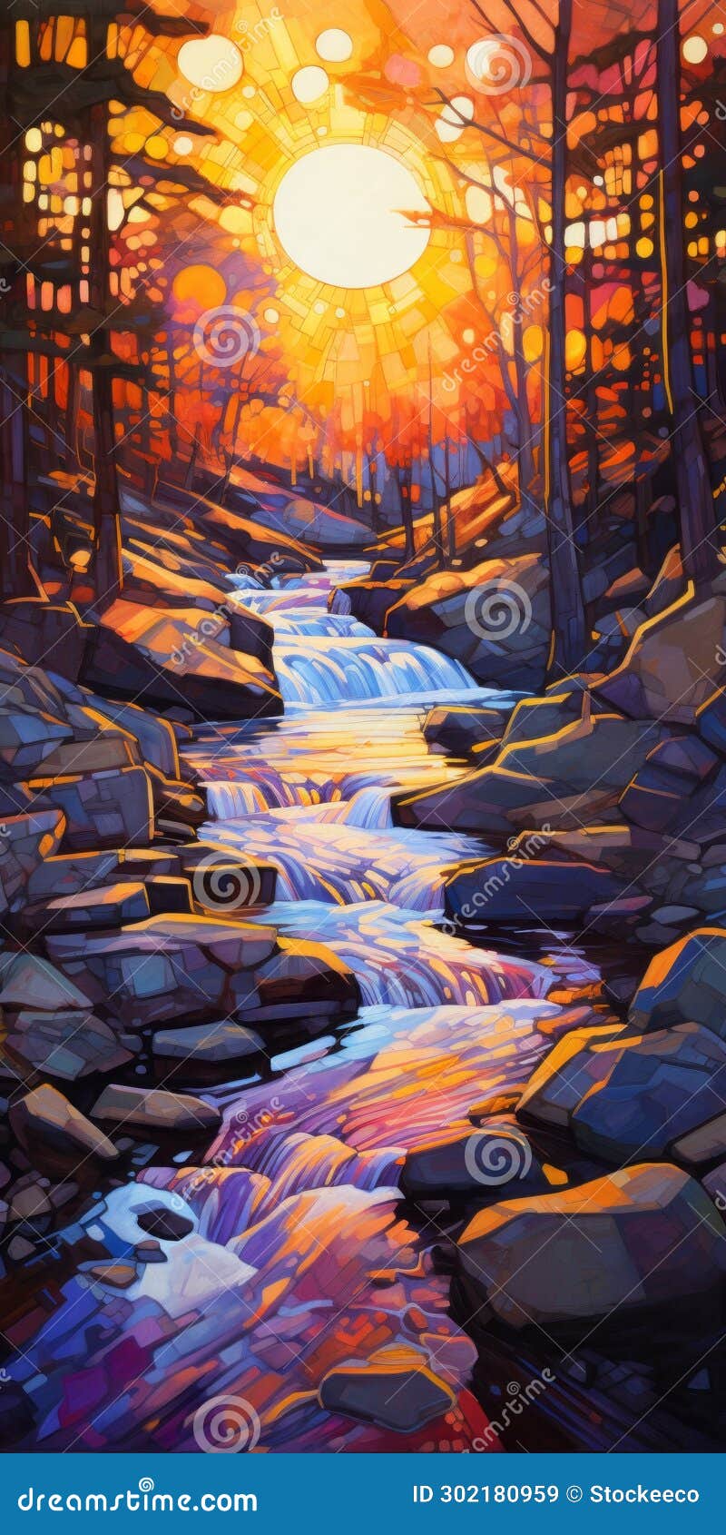 Hyper Detailed Sunset Stream Painting in Energy-filled Illustration Style Stock Image - Image of ...