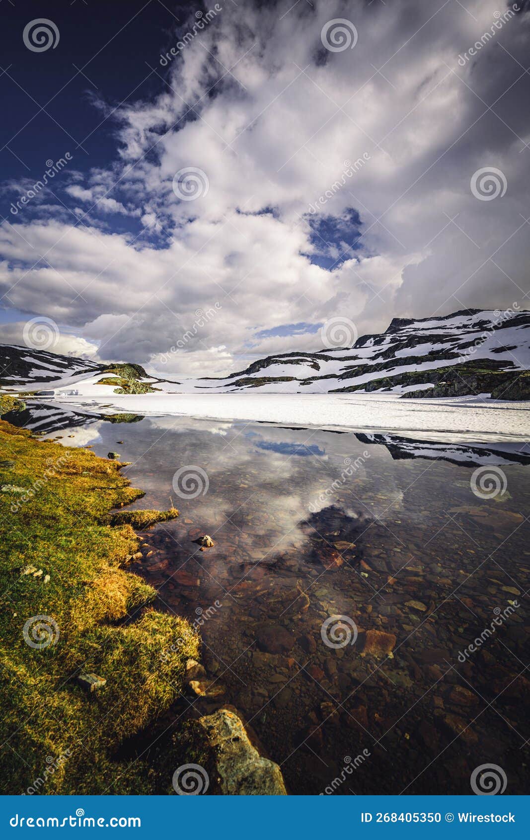 Mountain Stream with Fresh Snow on a Cloudy Day Stock Photo - Image of ...