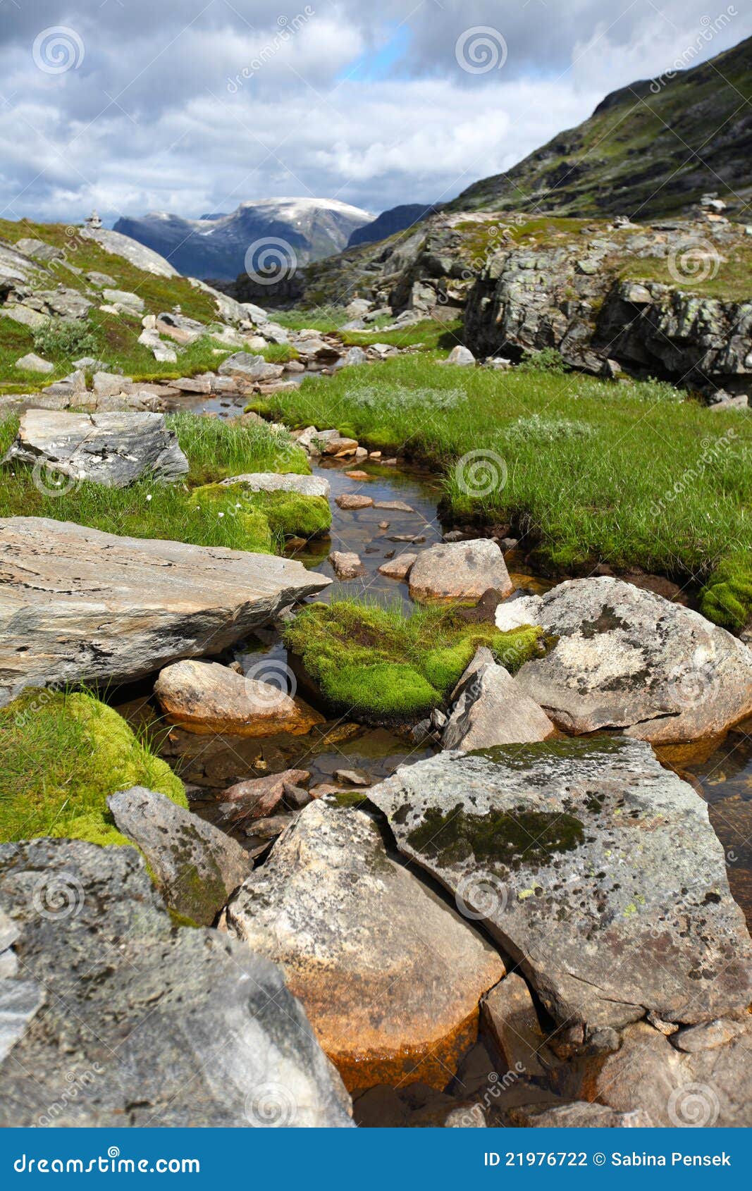 Mountain Stream and Green Grass Against Dramatic S Stock Photo - Image ...