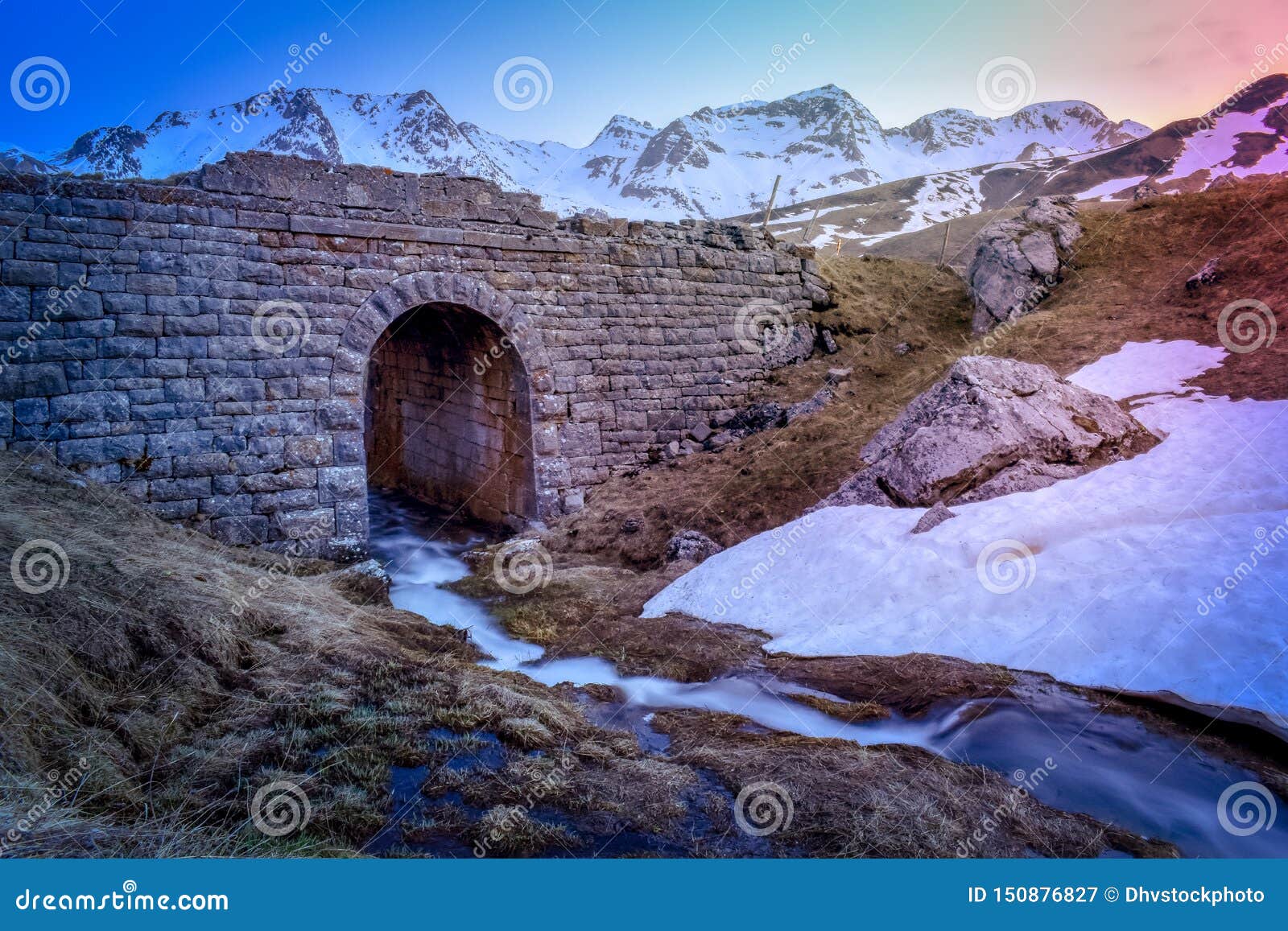 Mountain Stream Waterfall Landscape and Bridge at Sunset, Pyrenees ...