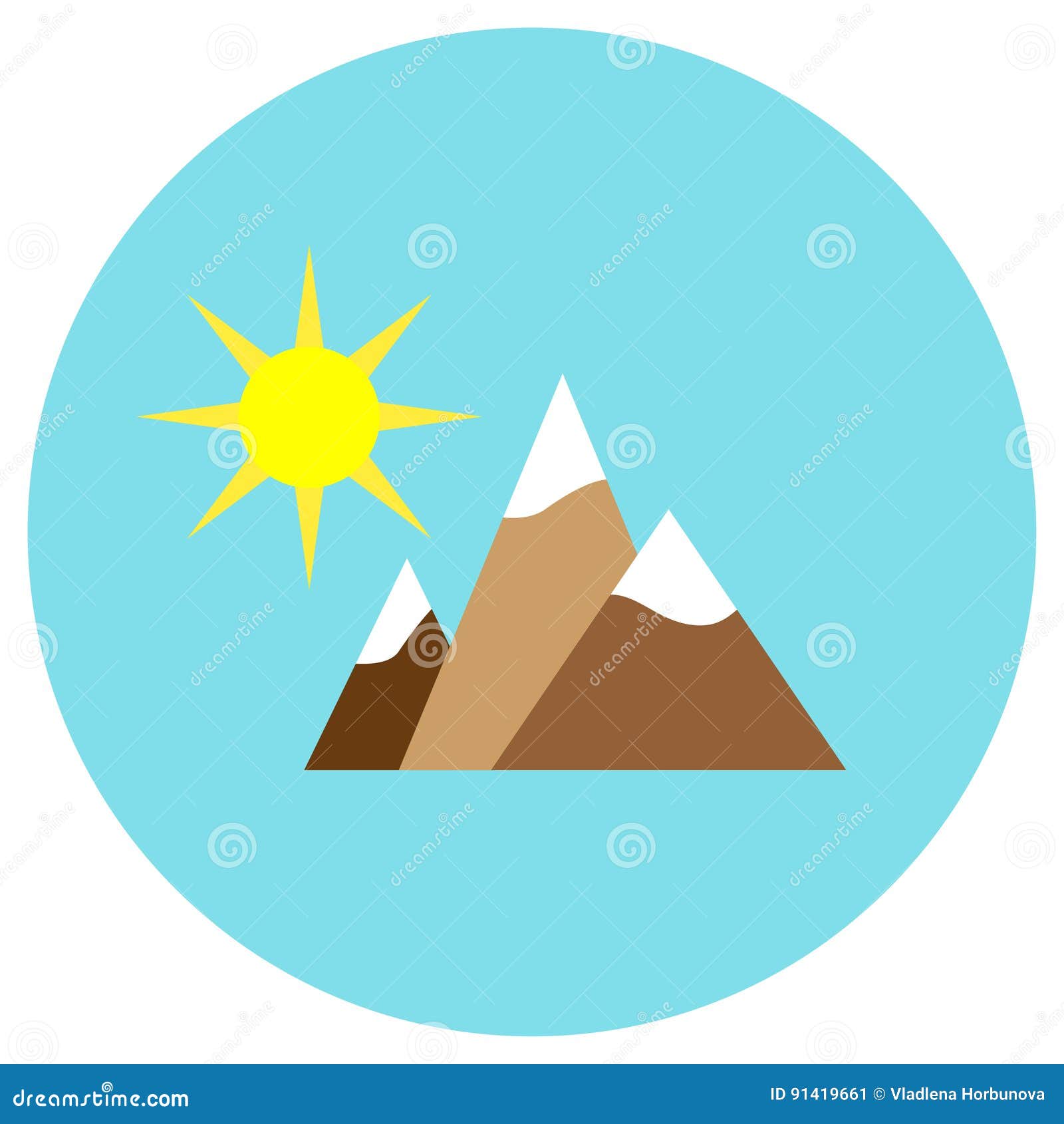 Mountain And Sun Icons In A Flat Style. Vector Image On A Round Colored ...