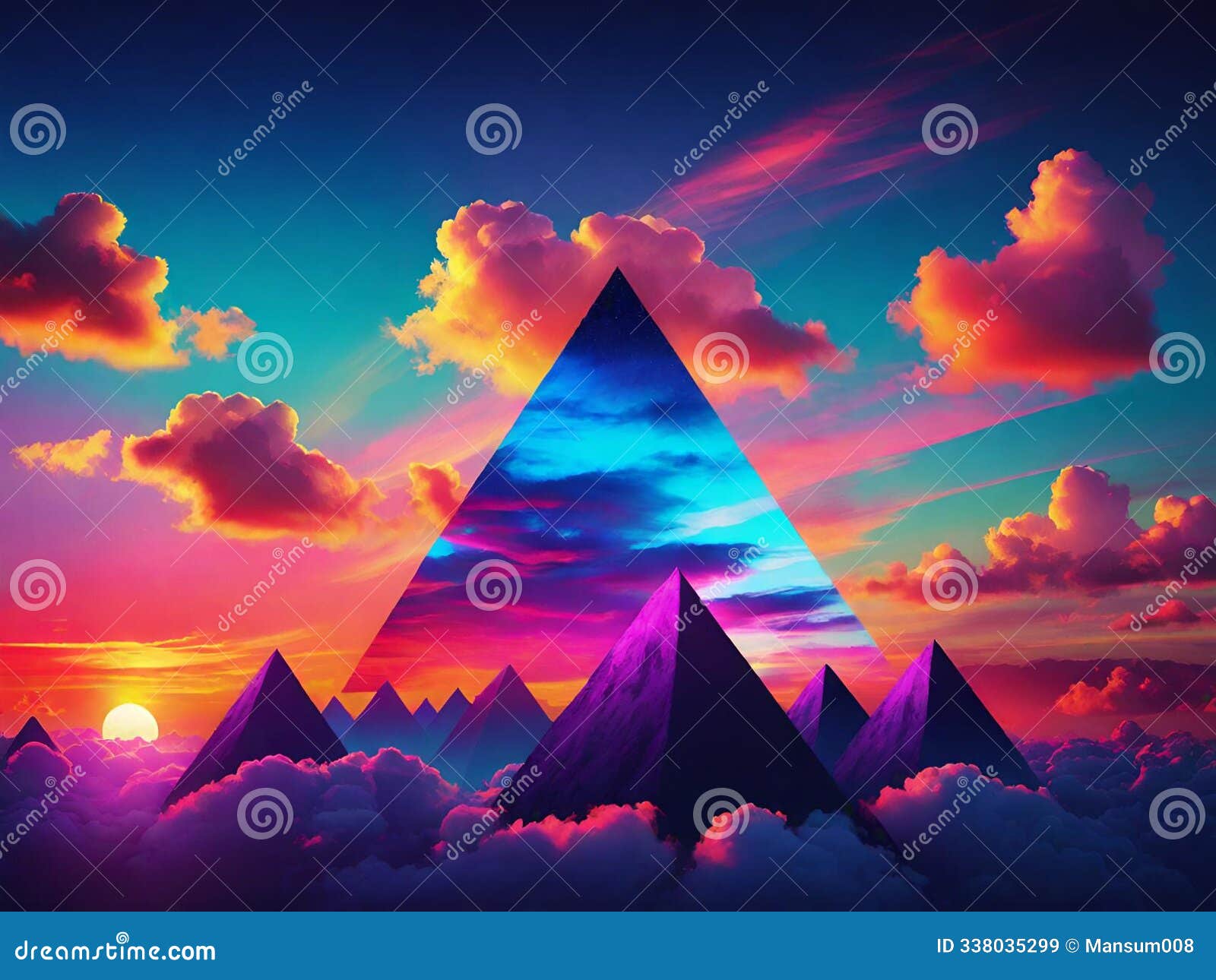 Mountain with Sunset and Clouds with Triangle Shape Stock Illustration ...