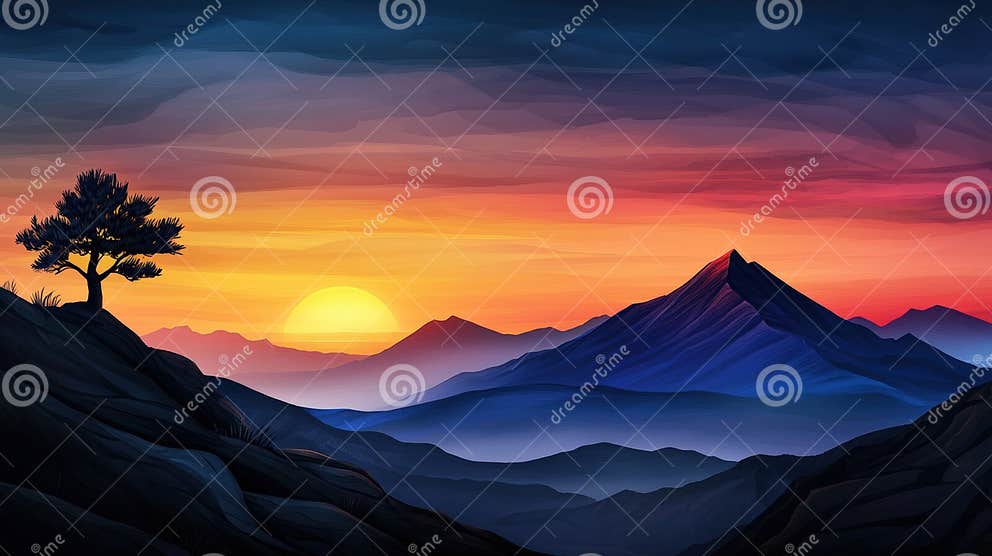 Mountain Sunset with Silhouette Tree Stock Illustration - Illustration ...