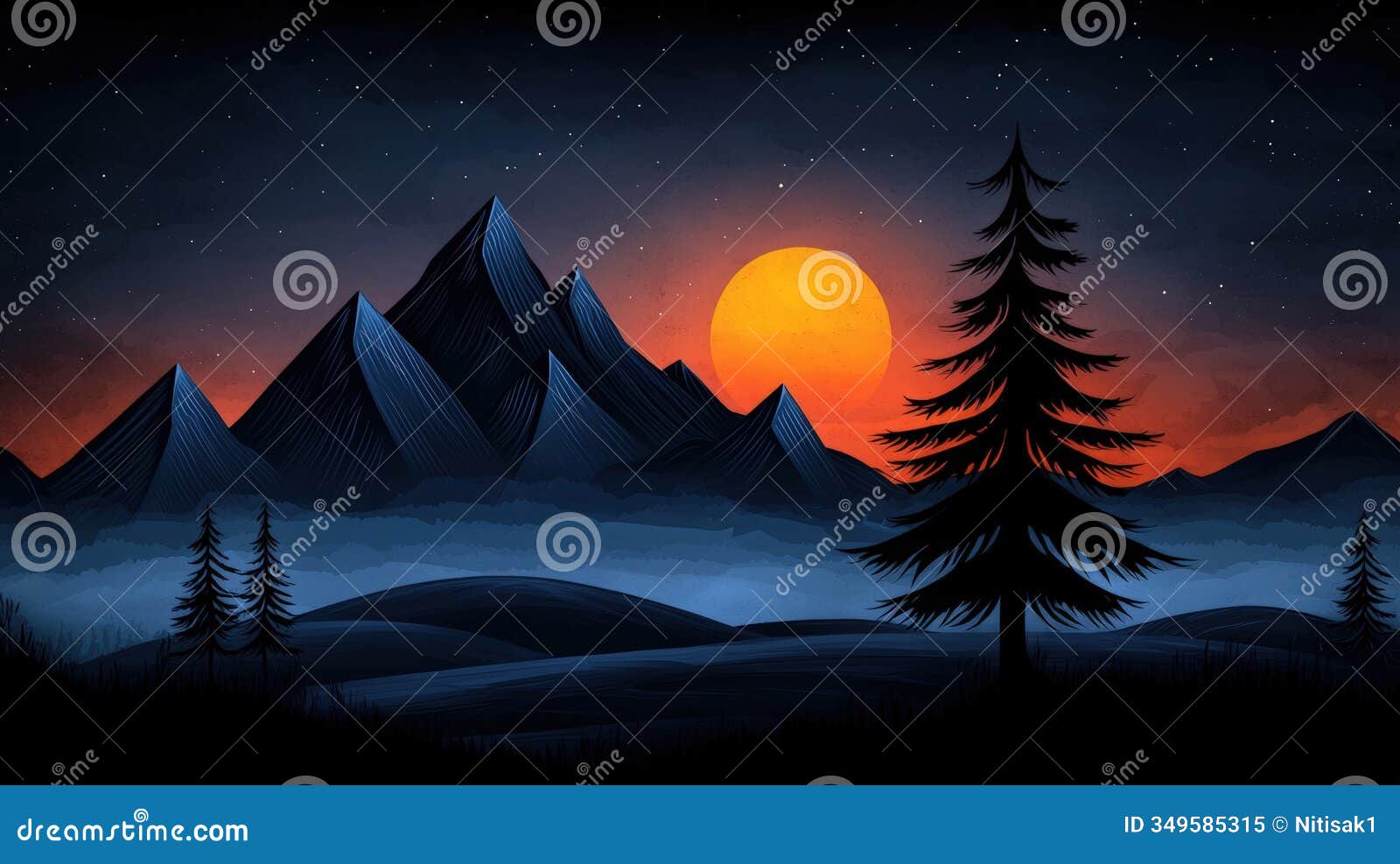 Mountain Sunset with Silhouette Trees Stock Illustration - Illustration ...